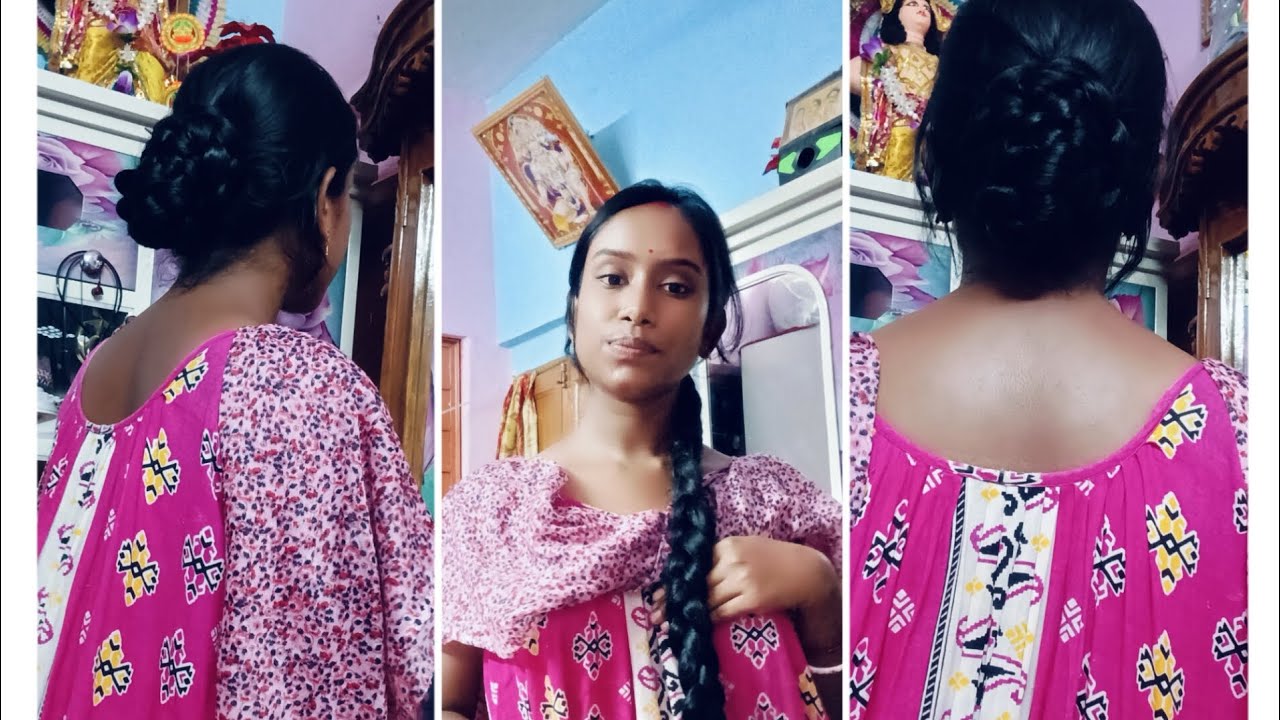 long hair combing || long hair combing and simple braid bun hairstyle ...