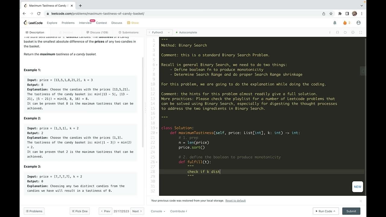 leetcode 2517. Maximum Tastiness of Candy Basket - binary search | Python - YouTube