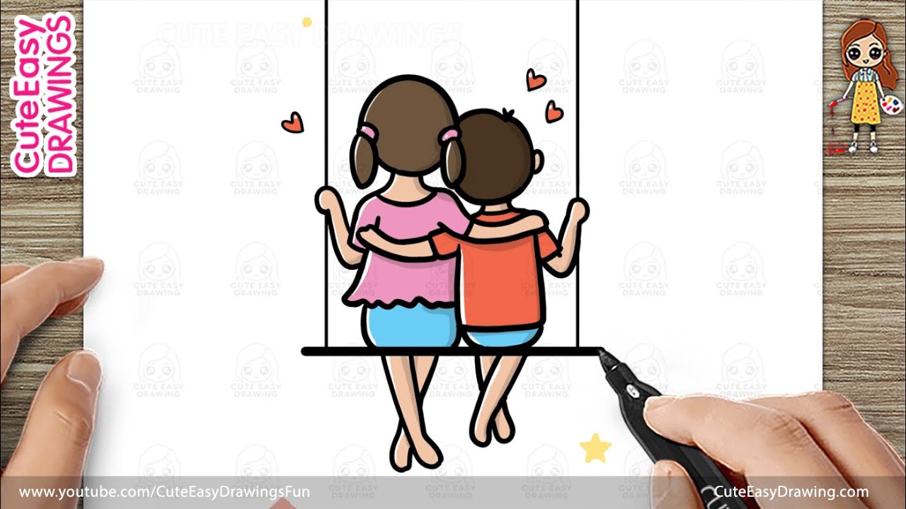 How to Draw an Elder Sister and Brother on a Swing | Siblings Cute Easy ...