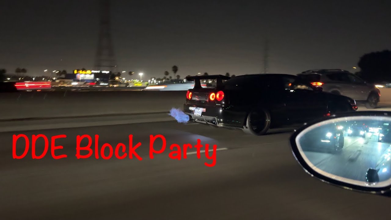 DDE Block Party + Night drive R34 shooting flames Twin turbo R8 takes ...