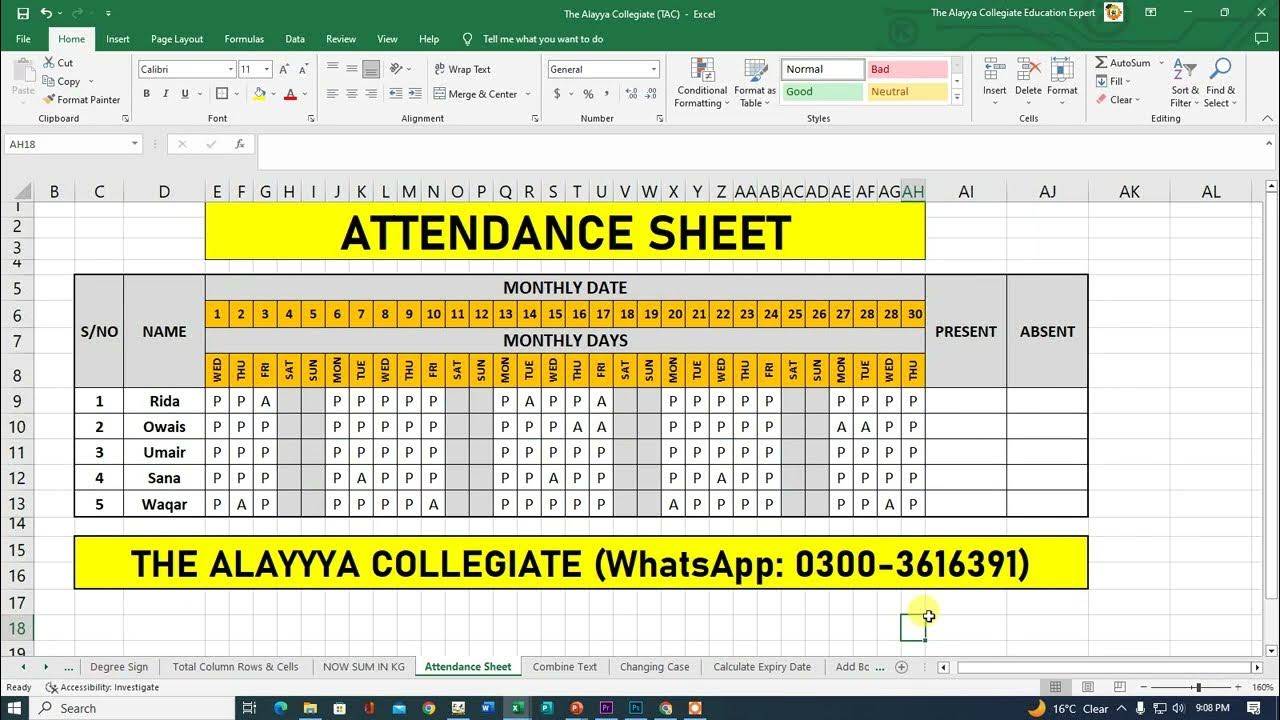 Attendance Sheet - Calculation of Present & Absent - Countif Function [Alayya Collegiate] #excel ...