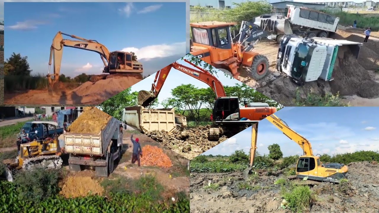 Road construction activities using trucks to transport soil and using ...