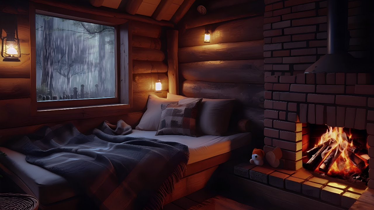 Rain in Cozy Cabin with Fireplace - Relaxing Rain Sounds for Sleep ...