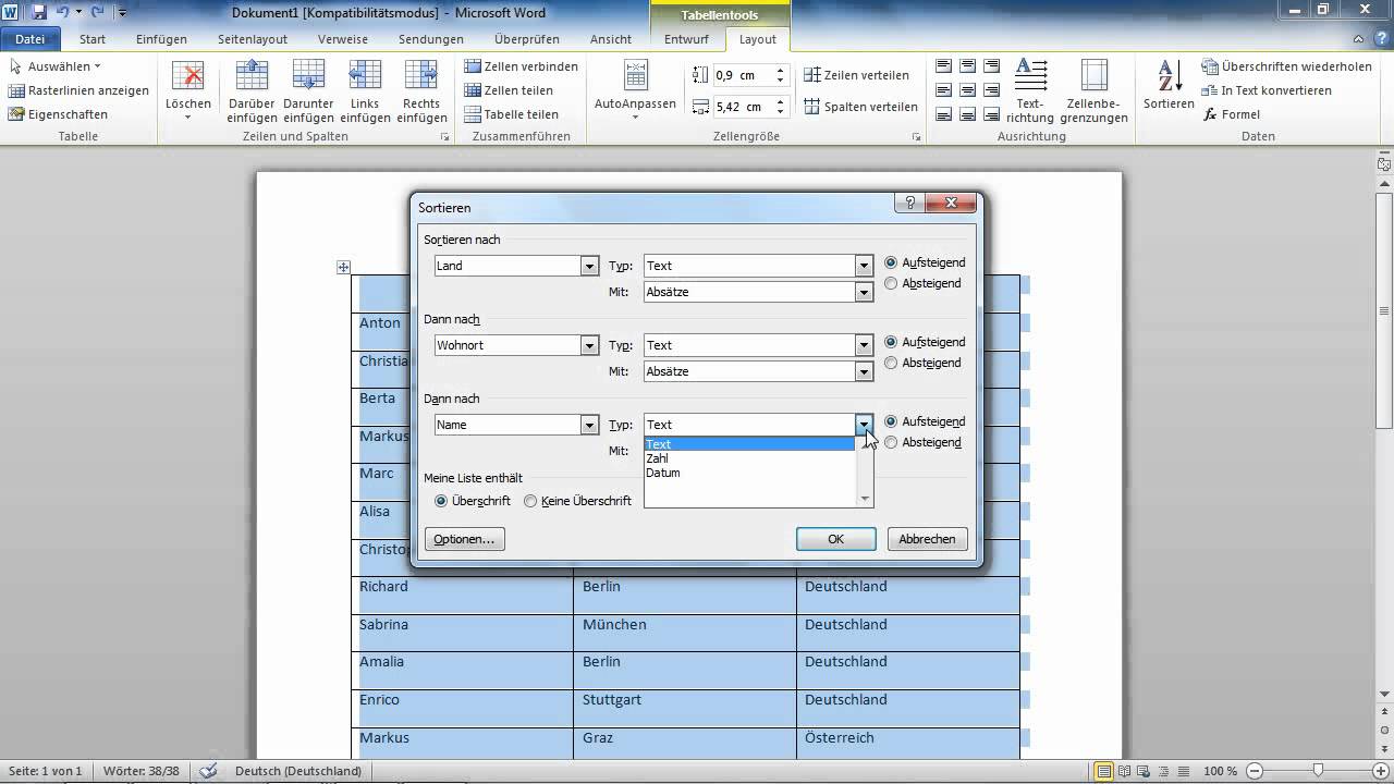 Word 2010 - Tabellen sortieren - YouTube