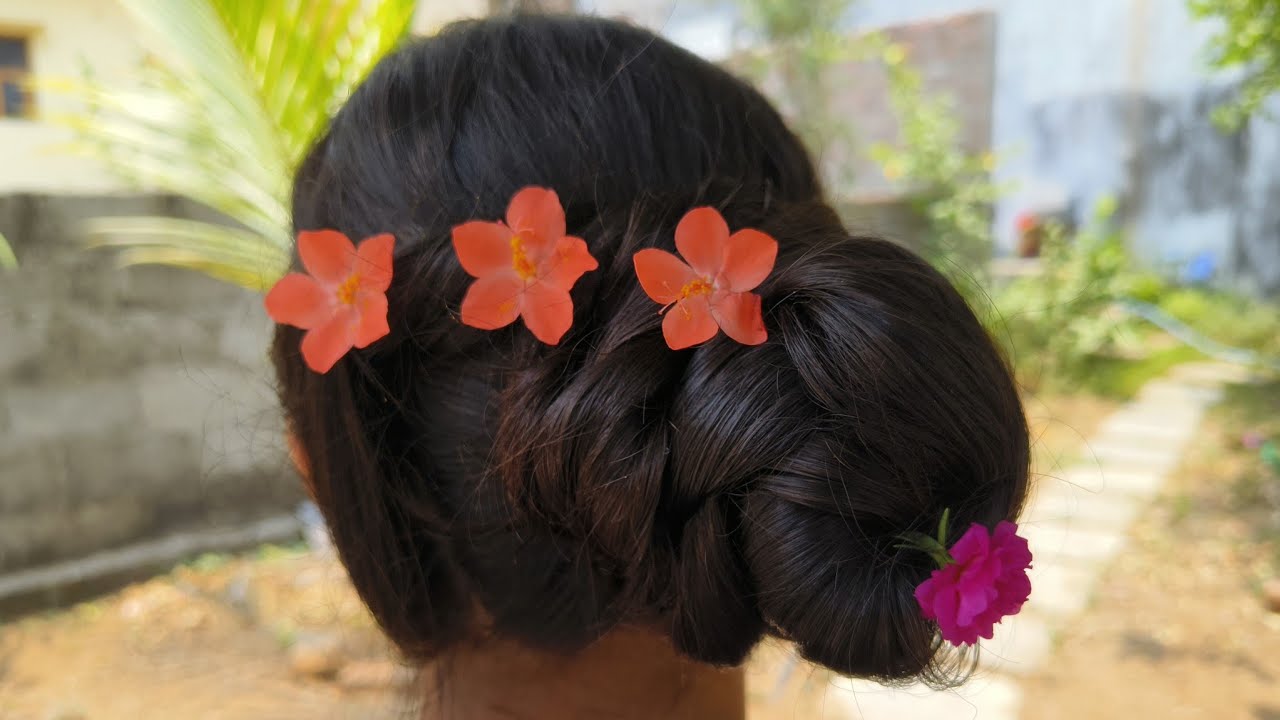 Simply easy bun hairstyle with flowers || Bun Hairstyle for Wedding ...