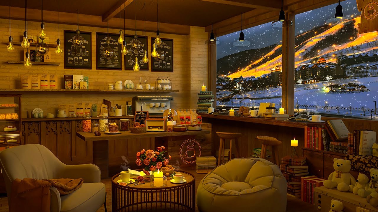 Winter Night at Cozy Coffee Shop Ambience ☕ with Relaxing Smooth Jazz ...