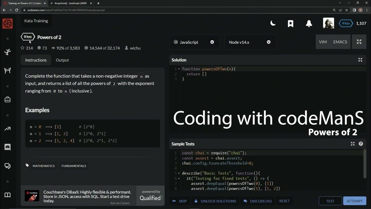 Codewars 8 kyu Powers of 2 Javascript - YouTube