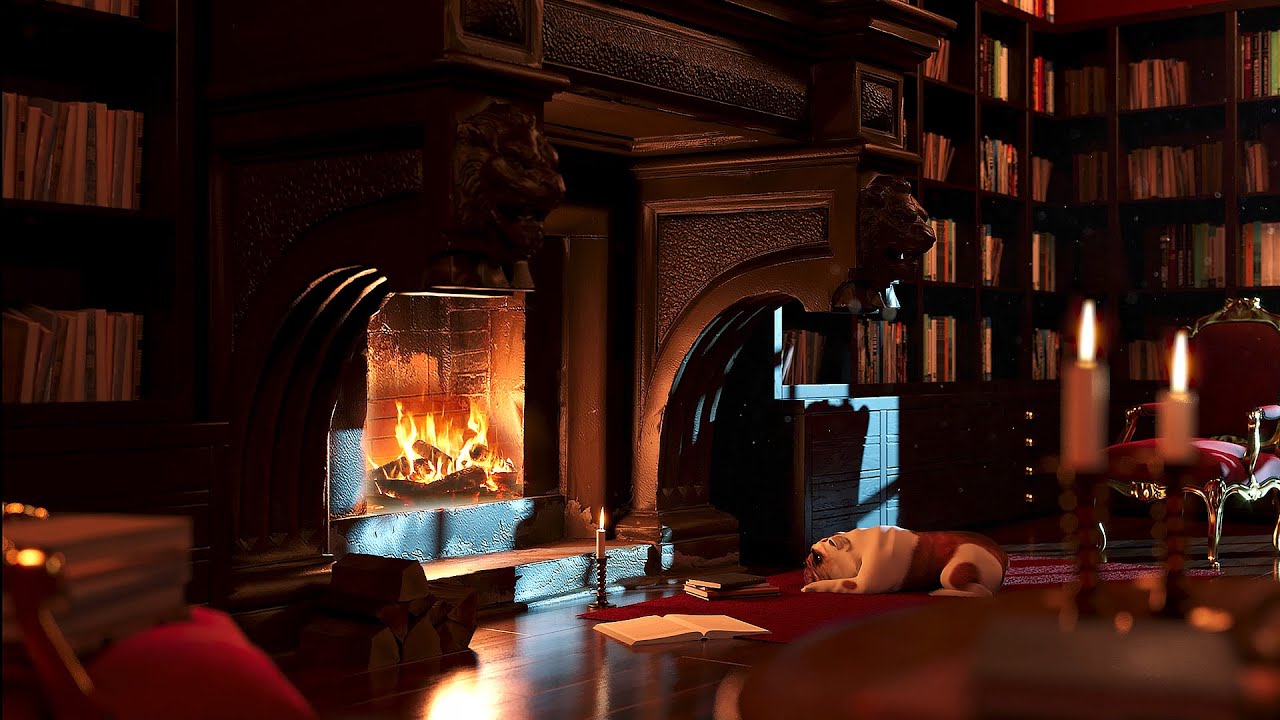 Relaxing Library Fireplace | Library Ambience for Reading and Study ...