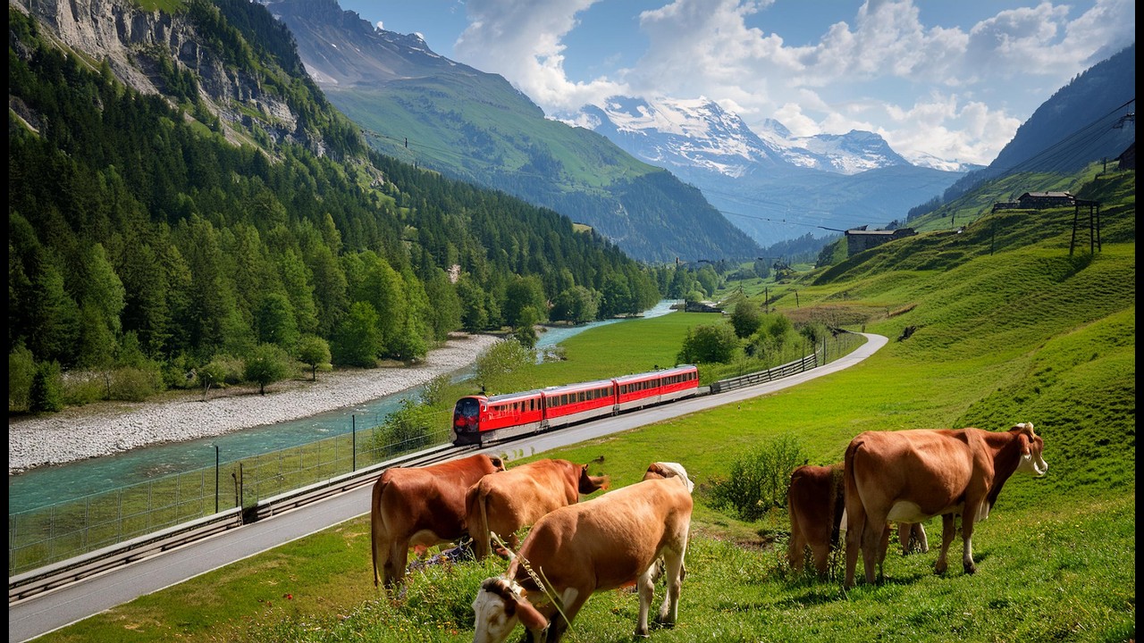 **SWITZERLAND** Driving in the High Swiss Valley of Engadin at 1800 ...