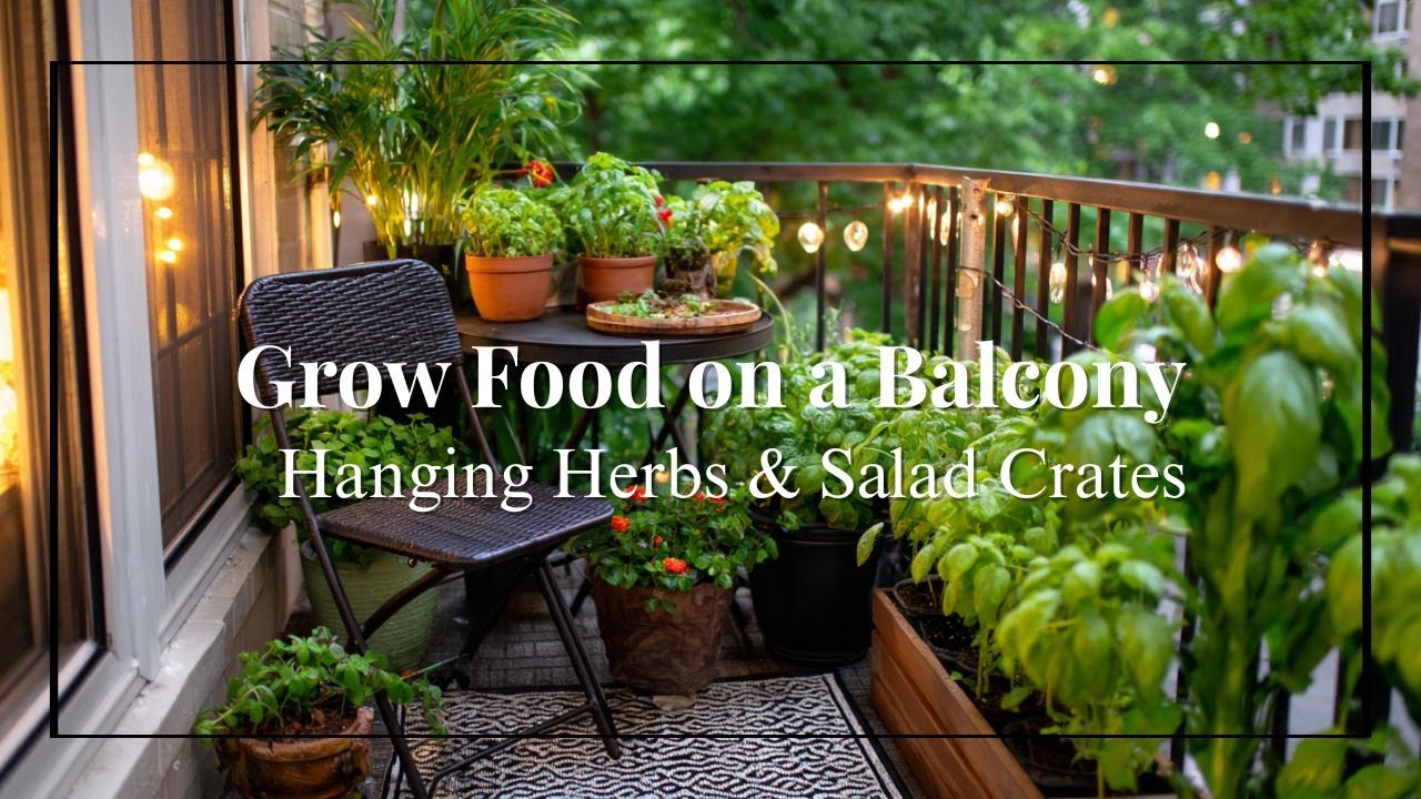 Balcony Edible Garden Setup with Hanging Herbs, Salad Crates & Tomato ...