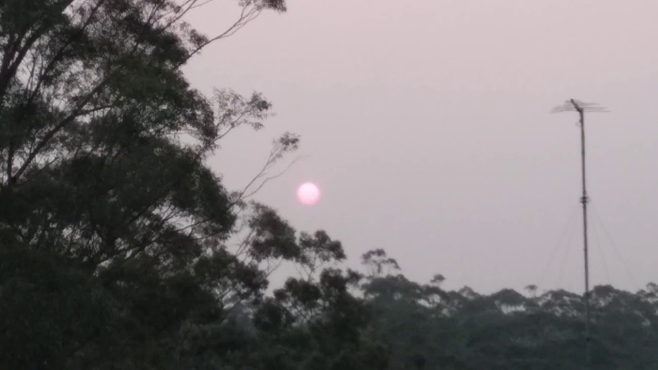 The sun behind the bushfire haze of smoke ..A big red dot , the camera ...