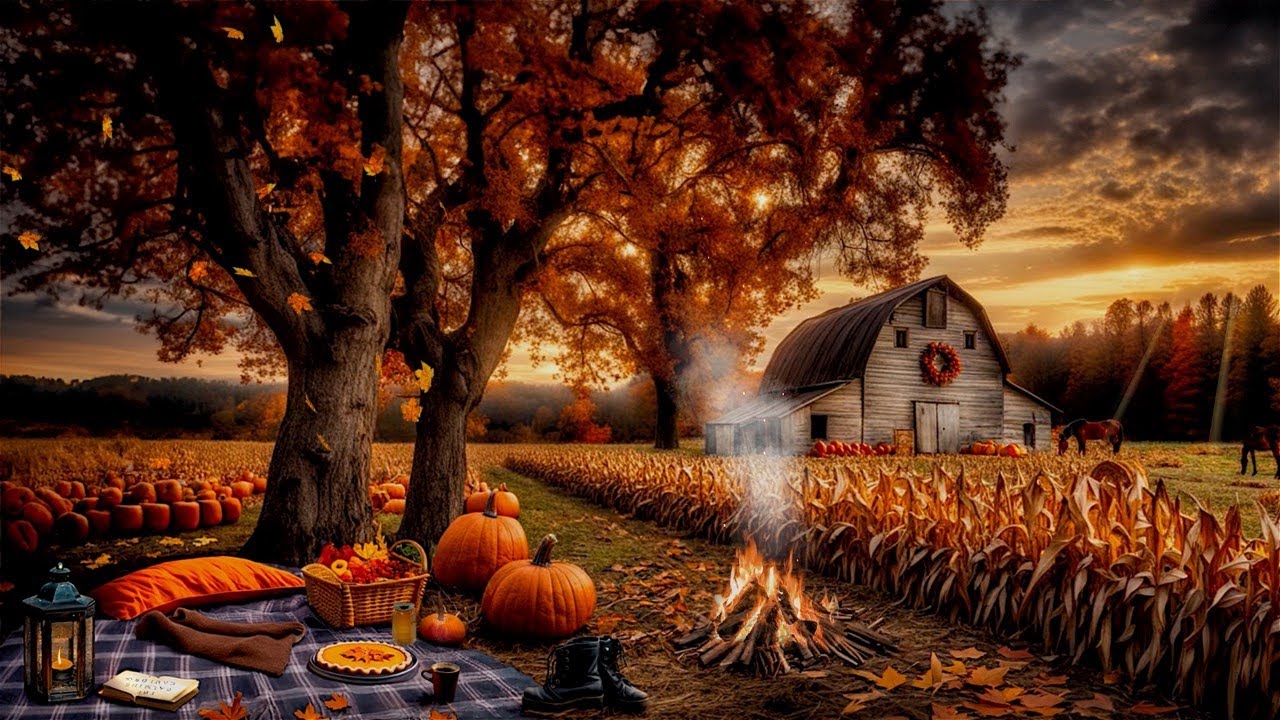 AUTUMN TIME FARM AMBIENCE-FALLING LEAVES-BON FIRE-PEACEFUL NATURES ...