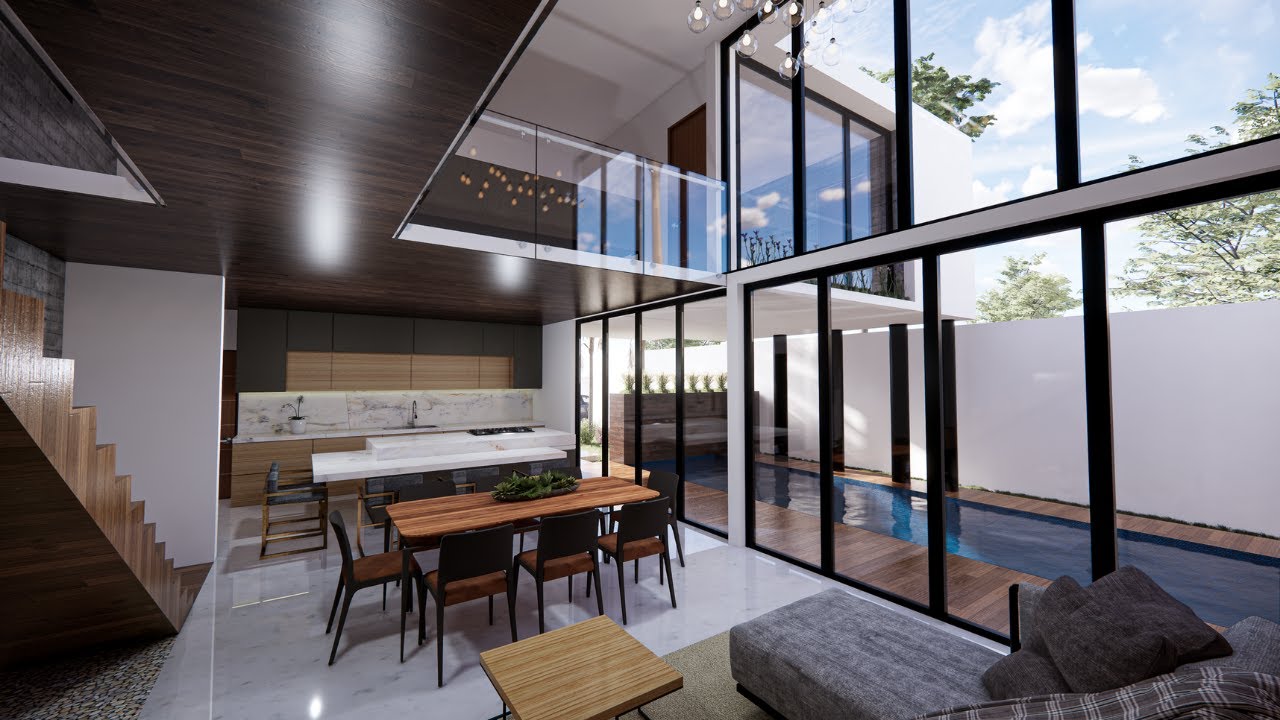 CASA MINIMALISTA CON PUENTE INTERIOR | DOBLE ALTURA | ALBERCA | 12X23 ...