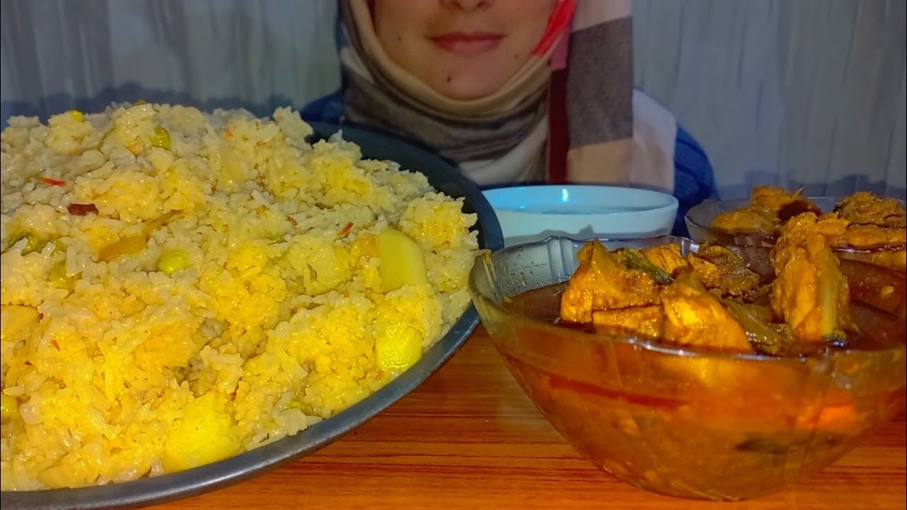 Eating vegetable rice || Chicken Curry || Raita || Asmr Mukbang - YouTube