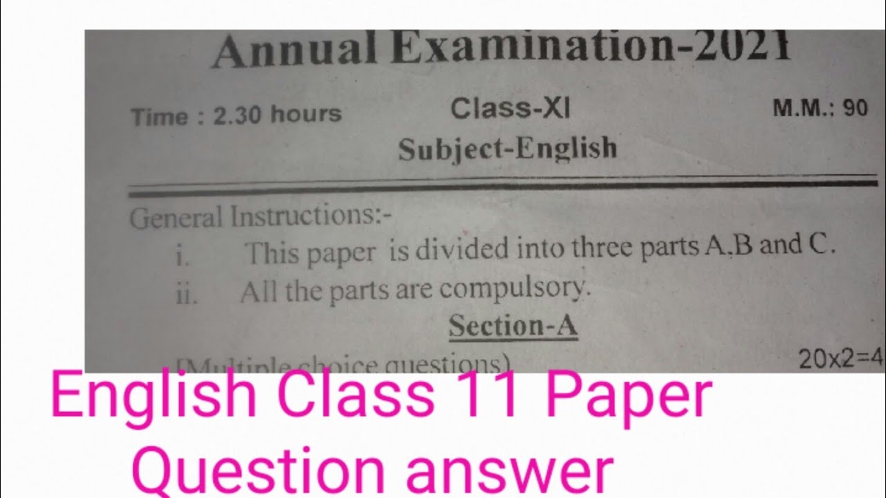11th English Annual exam paper 2021|english class 11 yearly exam paper ...