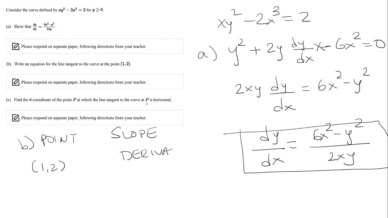 Implicit Differentiation: xy^2 - 2x^3 = 2 - YouTube