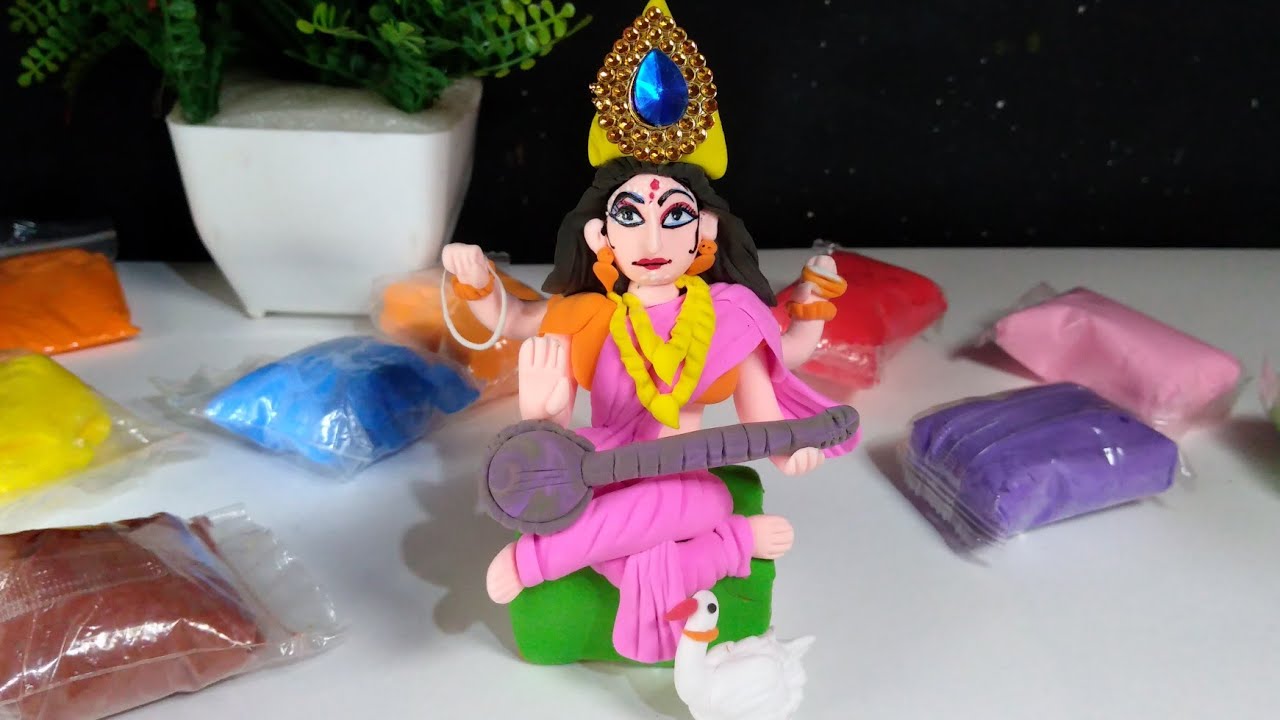 How To Make Clay Sarawati Mata Idol With Super clay,Diy Clay Sarawati ...