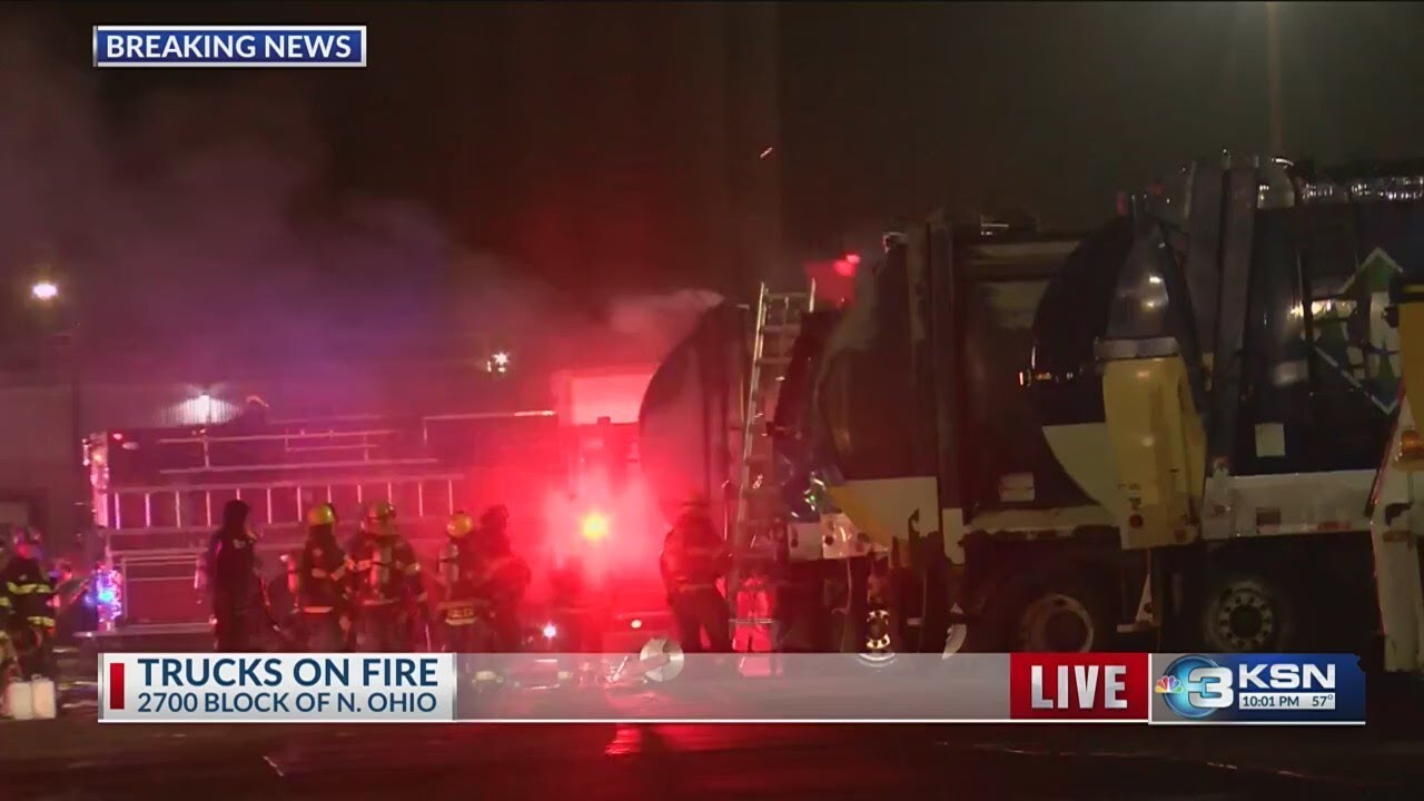 Firefighters battle trash truck fire in northeast Wichita - YouTube