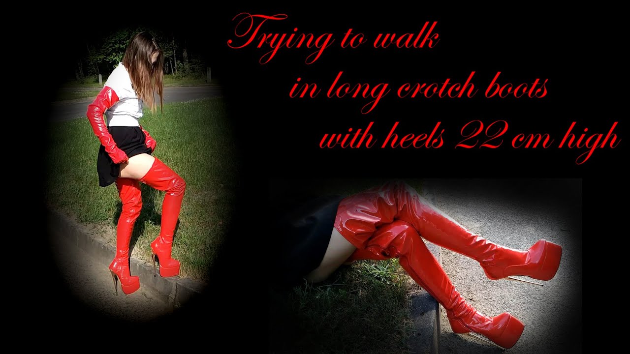 Trying to walk in crotch boots with 22 cm heels - YouTube