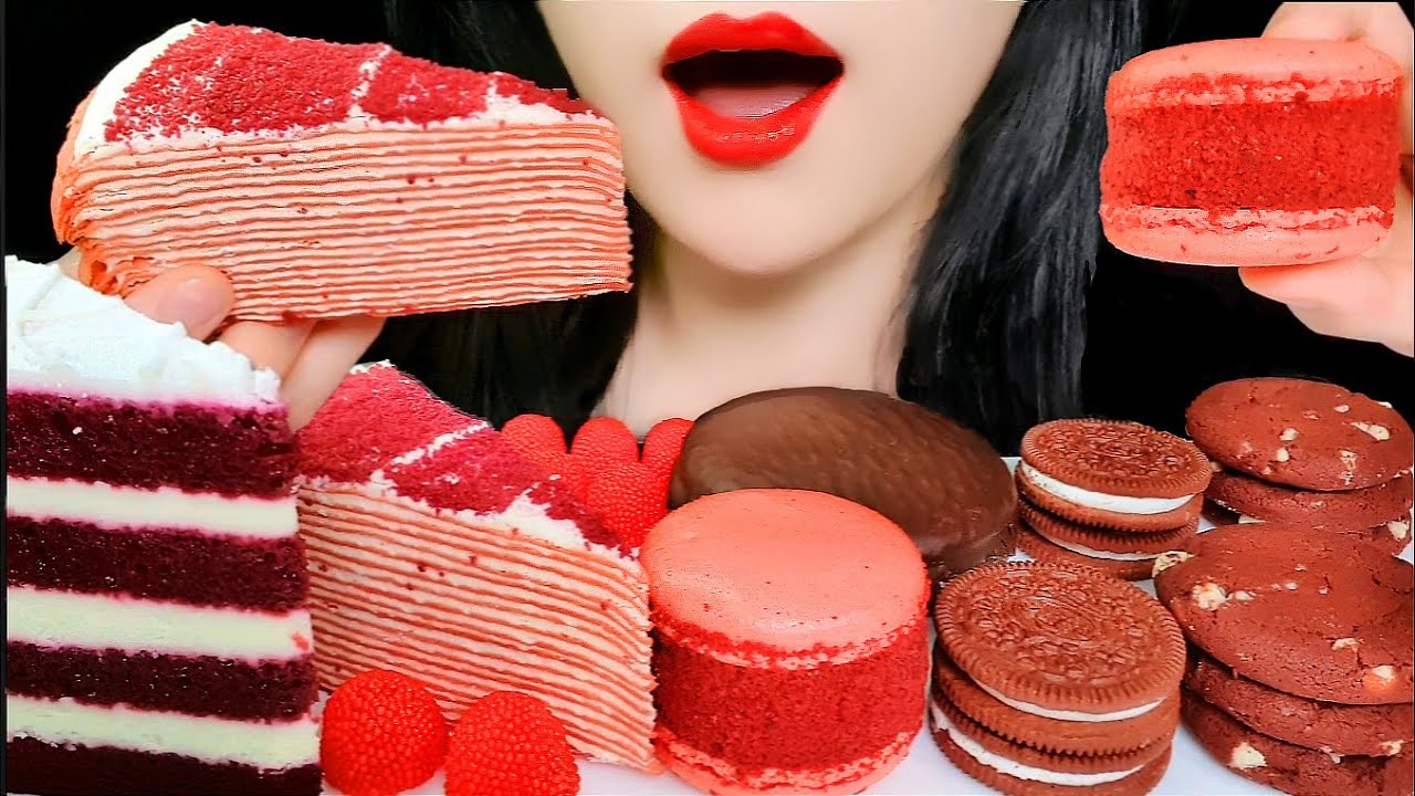 ASMR *RED VELVET* CAKE, OREO, MACARON, COOKIES, PIE MUKBANG 레드벨벳 케이크 ...