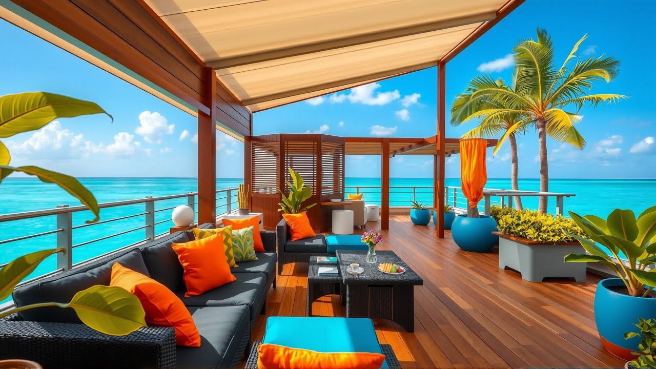 Beachside Cafe Ambience ~ Joyful Bossa Nova Jazz & Ocean Waves for a ...