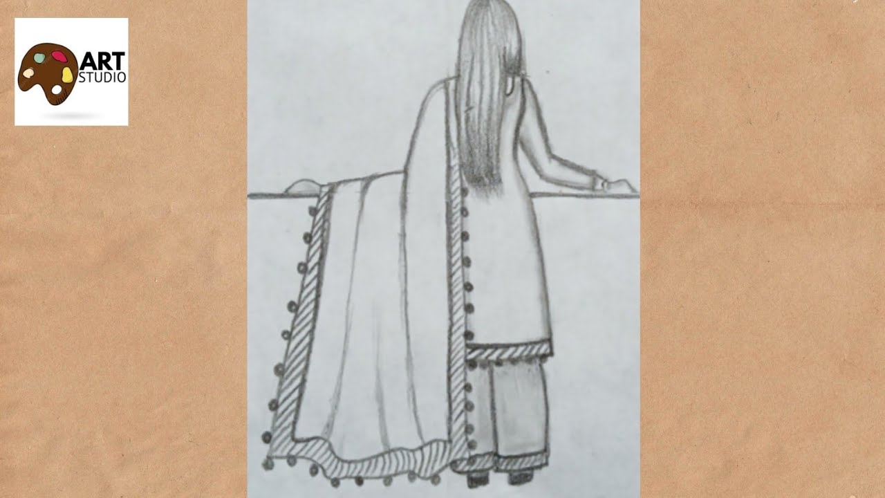traditional girl drawing || how to draw a backside girl drawing ...