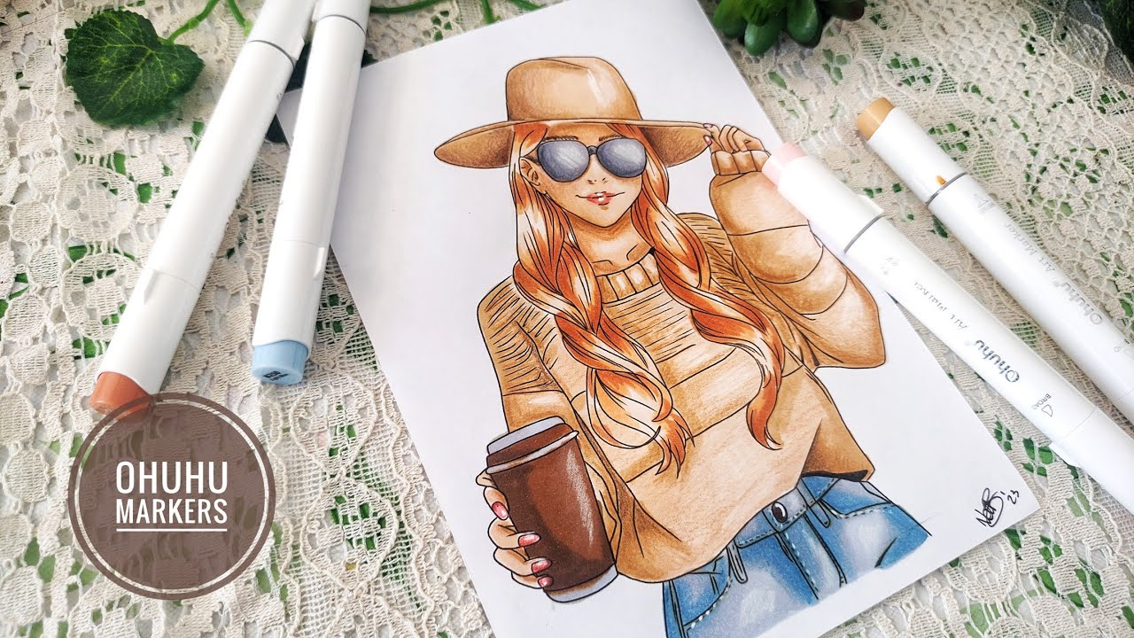 🌺Ohuhu Markers Girl Illustration | Easy tutorial Coloring Page - YouTube