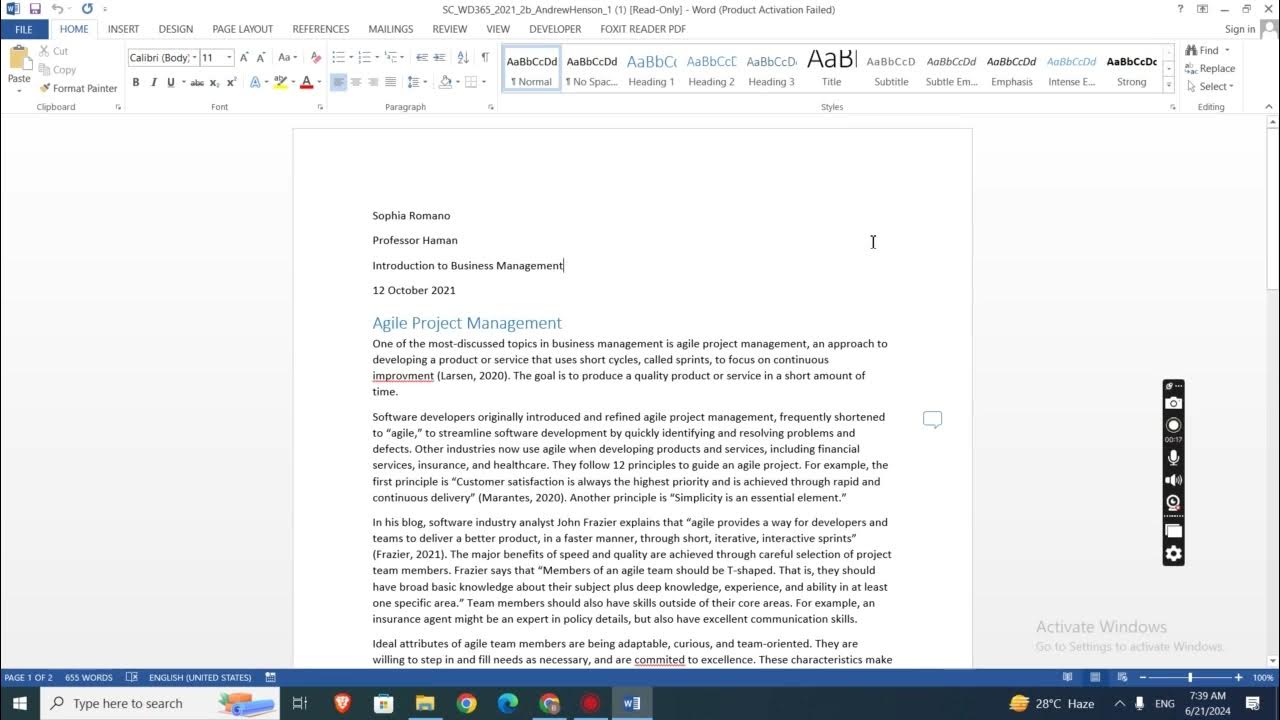 Shelly Cashman Word 365/2021 | Module 2 Sam Project 1b | Agile Project ...