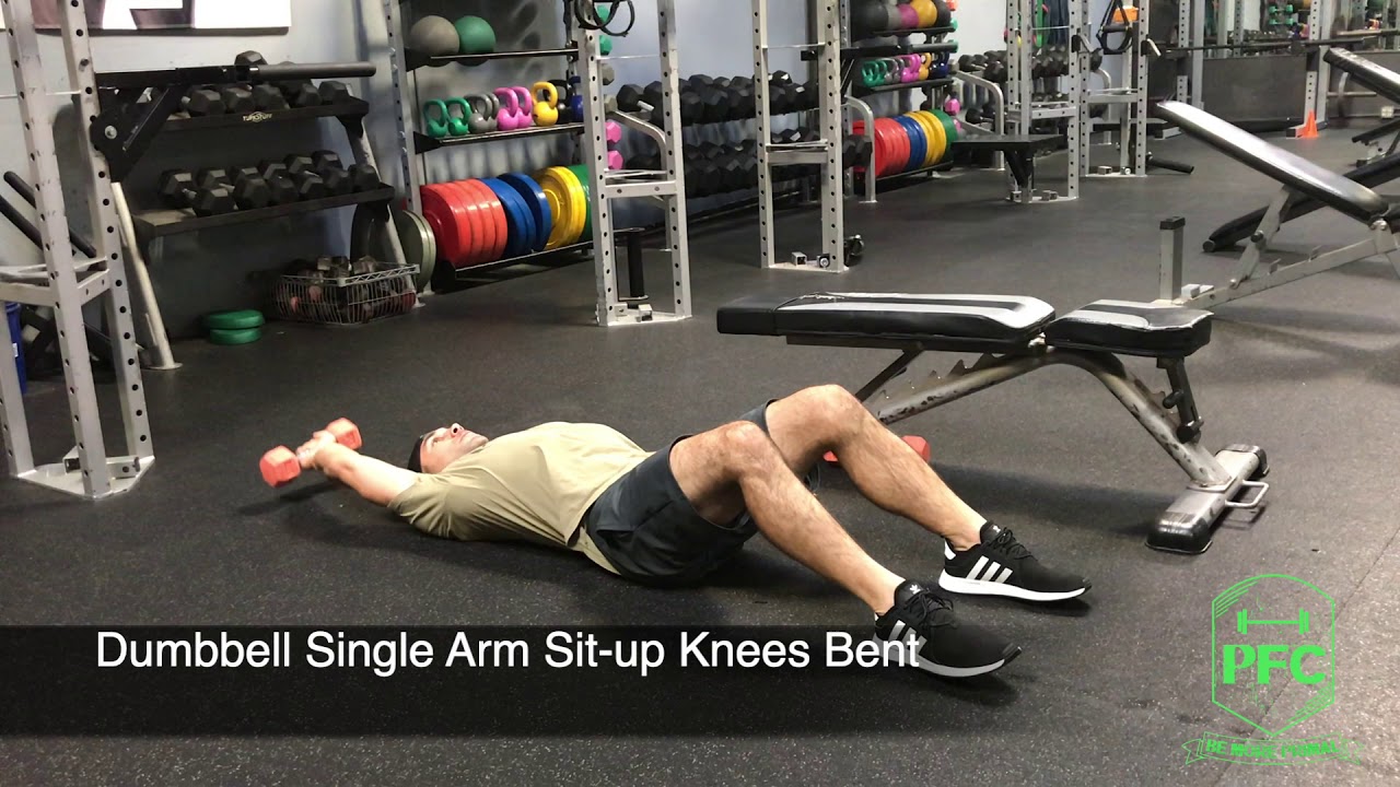 Dumbbell Single Arm Sit up Knees Bent - YouTube