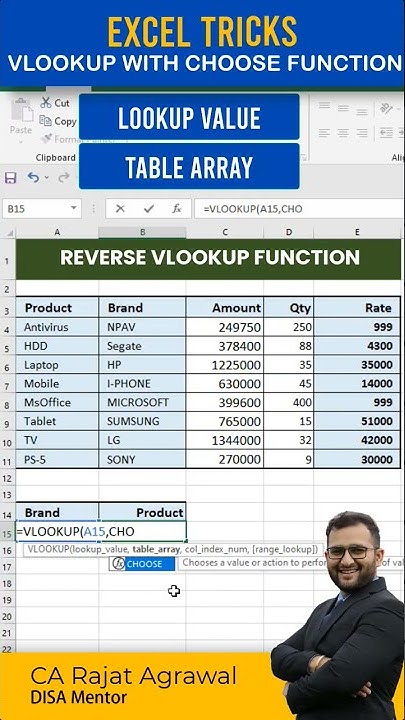 #excel 10 - Reverse VLOOKUP function with choose function - YouTube