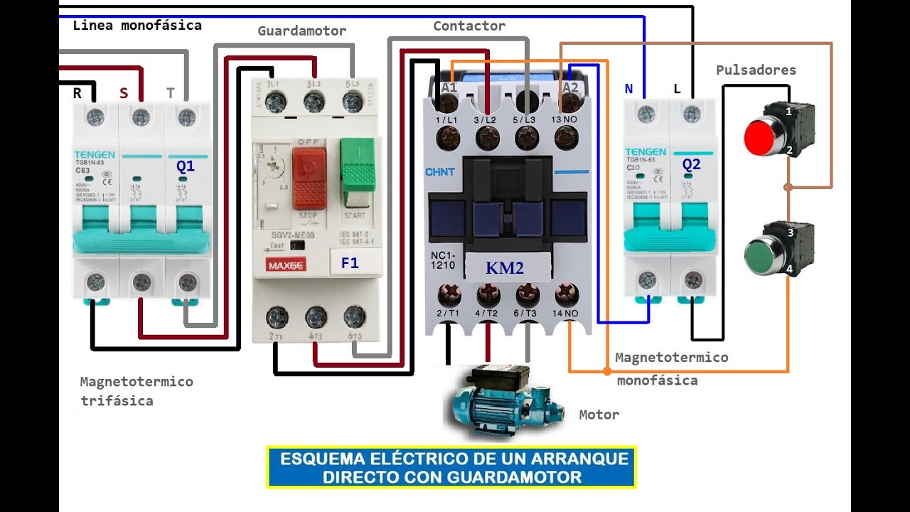 Esquema eléctrico de un arranque directo con guardamotor - YouTube