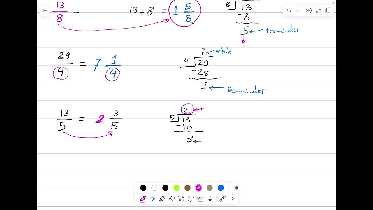 Convert from improper fraction to mixed number and vice versa - YouTube