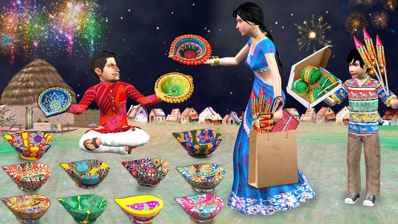 Village Potter Making Clay Colorful Diyas Diwali Pataka Suteli Crackers ...