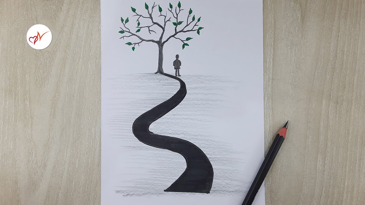 Lonely Road Drawing with Tree | Easy Pencil Sketch Drawing for ...