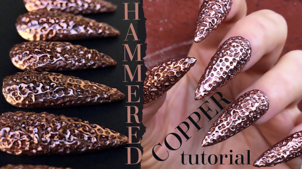Hammered copper textured chrome nail design - YouTube