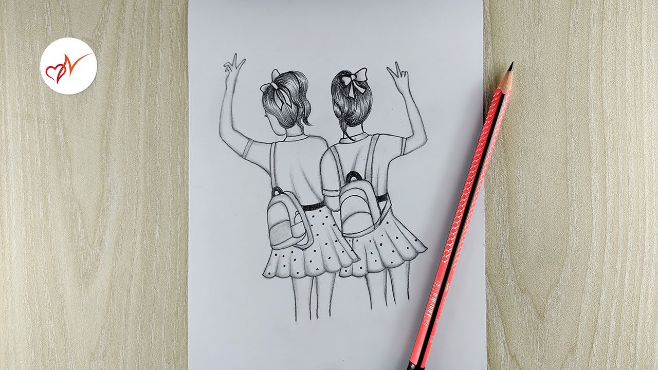 How to draw two girls with school bag | Step by step pencil sketch ...