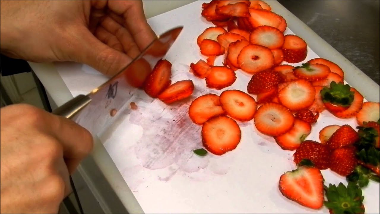 Cutting Strawberries with Shun Ken Onion Chefs Knives for Cheesecake ...