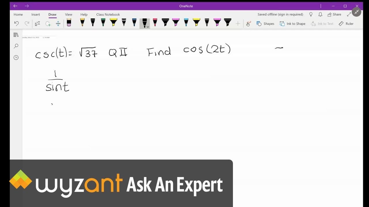 finding cos(2t) if csc(t) is given - YouTube