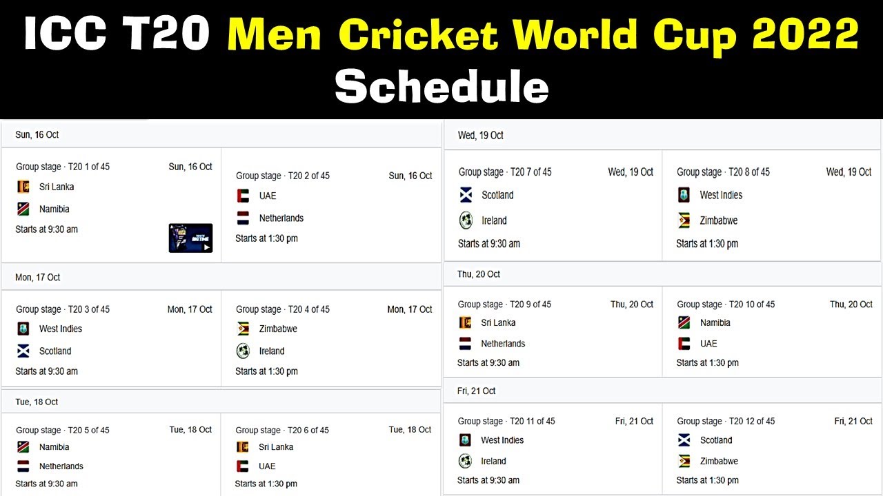 ICC T20 Men Cricket World Cup 2022 Match Schedule | Match Time Table ...