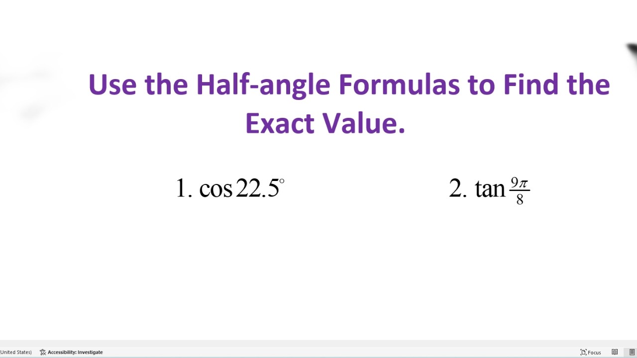 Use the Half angle Formulas to Find the Exact Value - YouTube