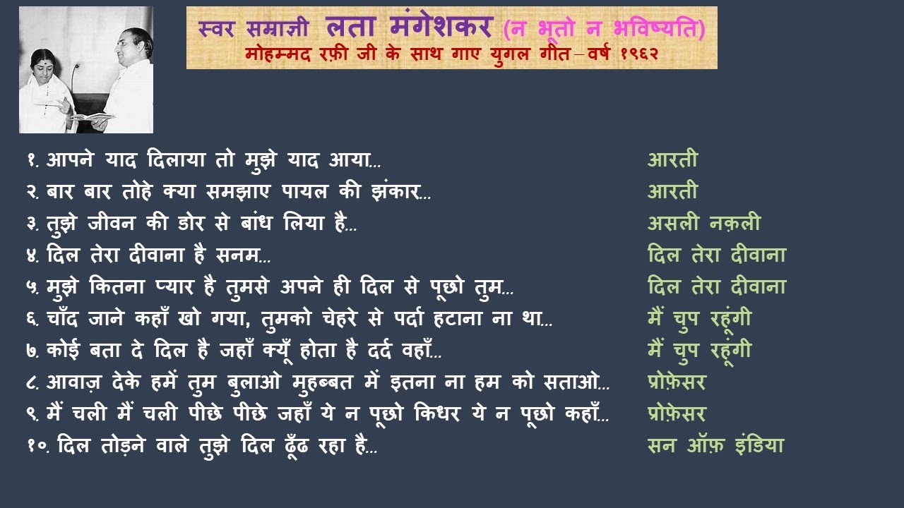 लता मंगेशकर-मोहम्मद रफ़ी के सुप्रसिद्ध युगल गीत! १९६२. FAMOUS LATA-RAFI ...