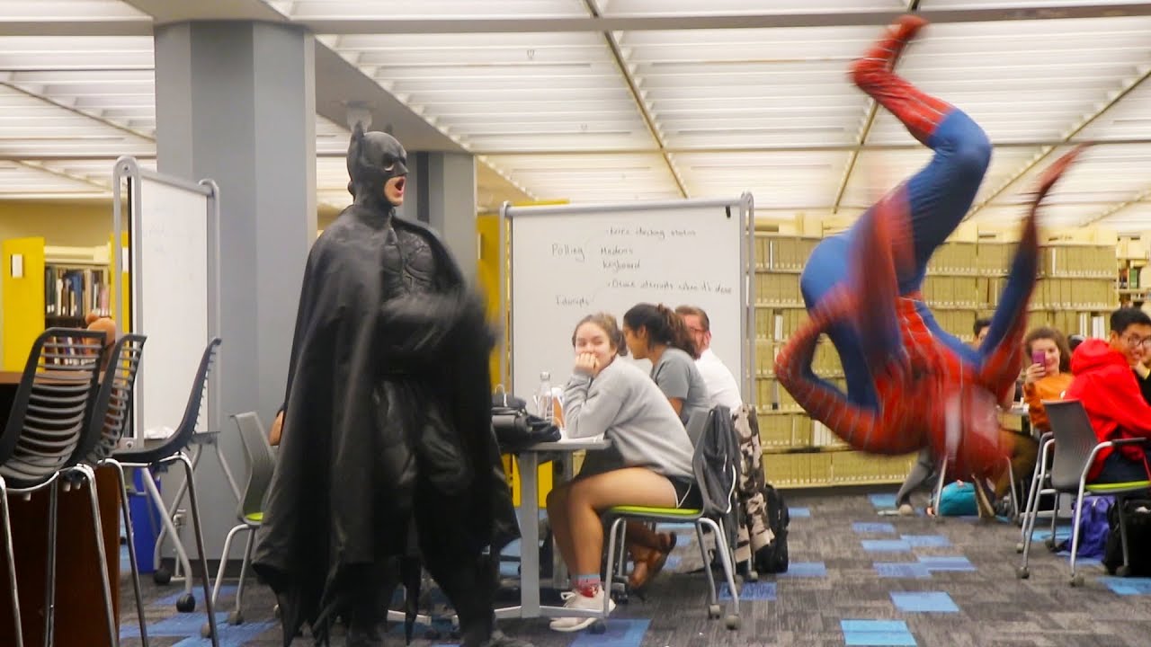 BATMAN AND SPIDERMAN GO TO THE LIBRARY PRANK!! (The University of Texas ...