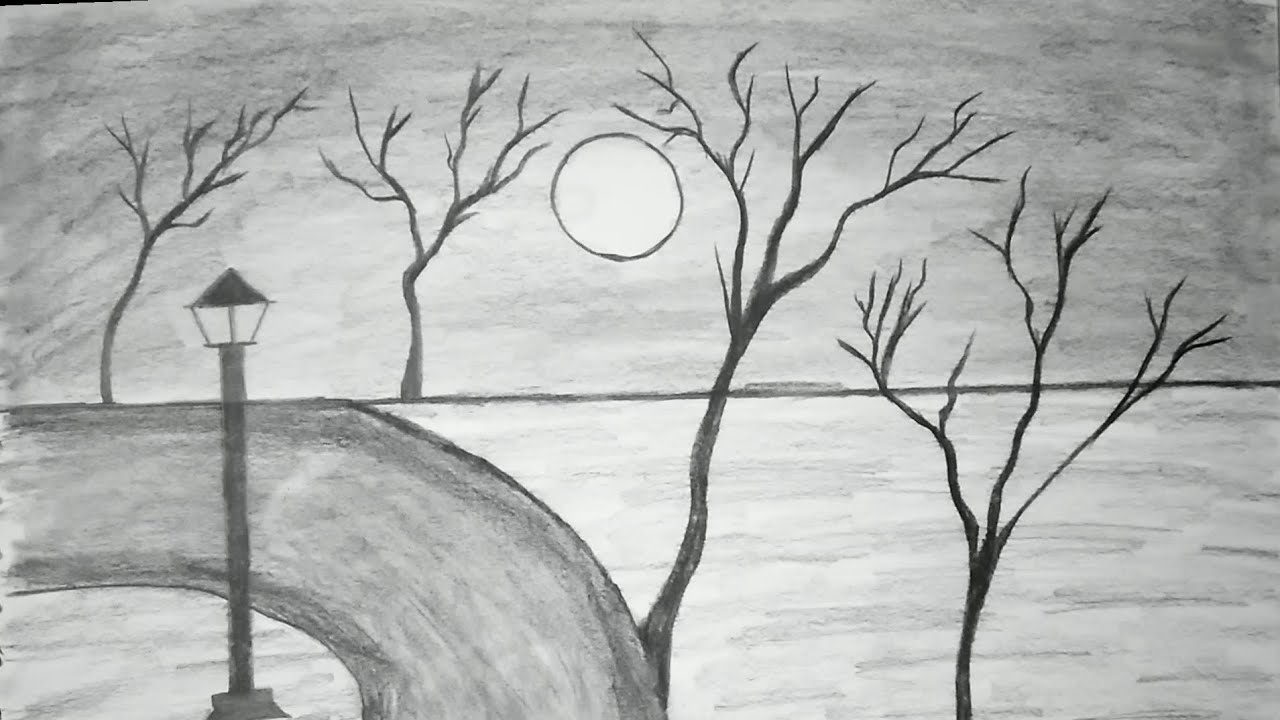 How to make a very Easy Pencil Landscape Drawing - Nature Landscape ...