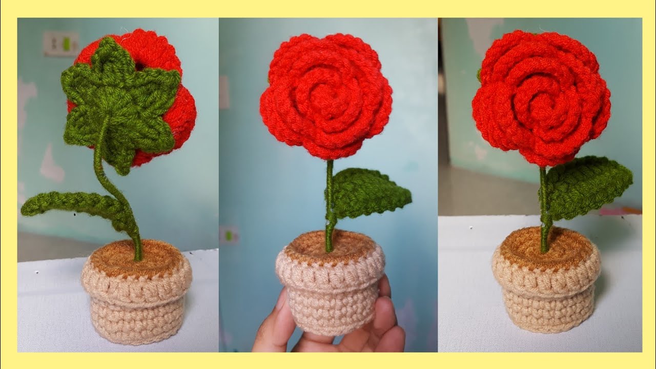 Very Easy Crochet Mini Rose in a Pot | DIY Craft | subtitle - YouTube