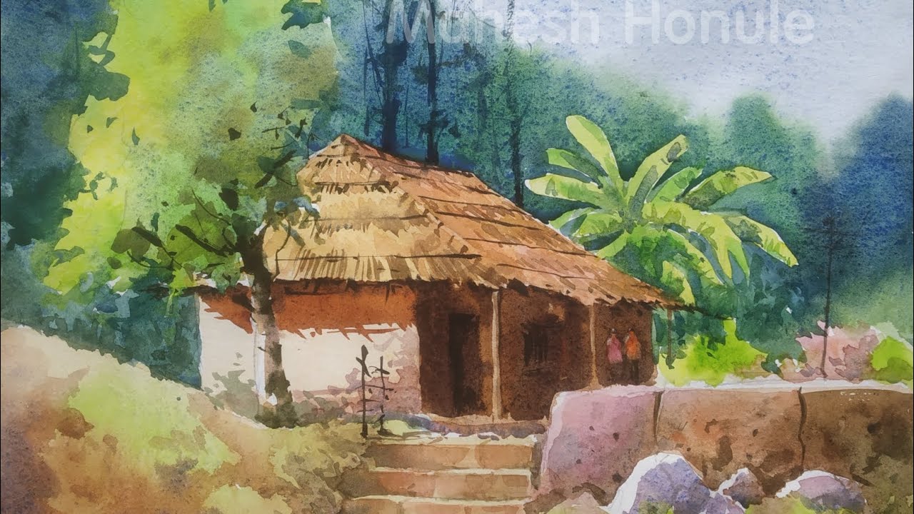 watercolor painting. drawing of a independent hut with greenery around ...