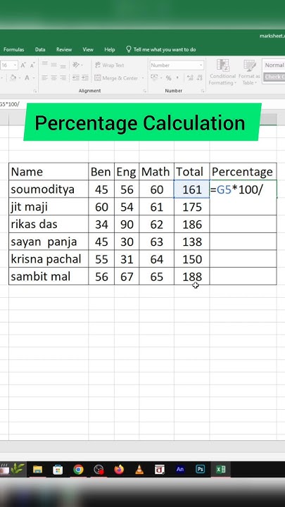 Excel percentage calculation of student mark sheet #shorts #youtubeshorts #exceltech #excelgyan ...