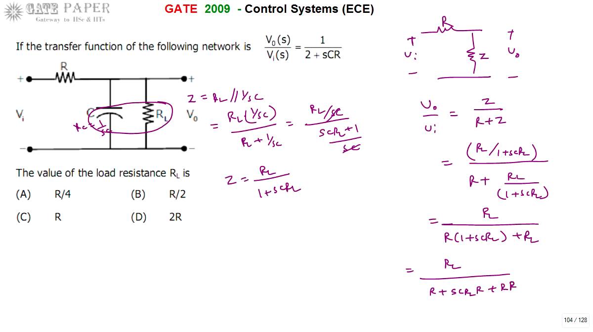 GATE 2009 ECE Find the value of load resistance for given RC circuit ...