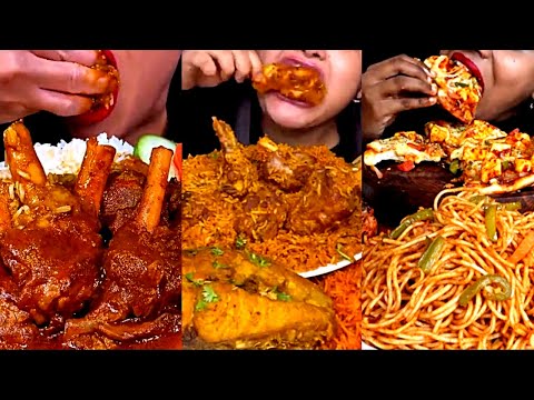 ASMR EATING SPICY MUTTON CURRY, CHICKEN BIRYANI, CHICKEN LOLLIPOP, PIZZA 🔥😋