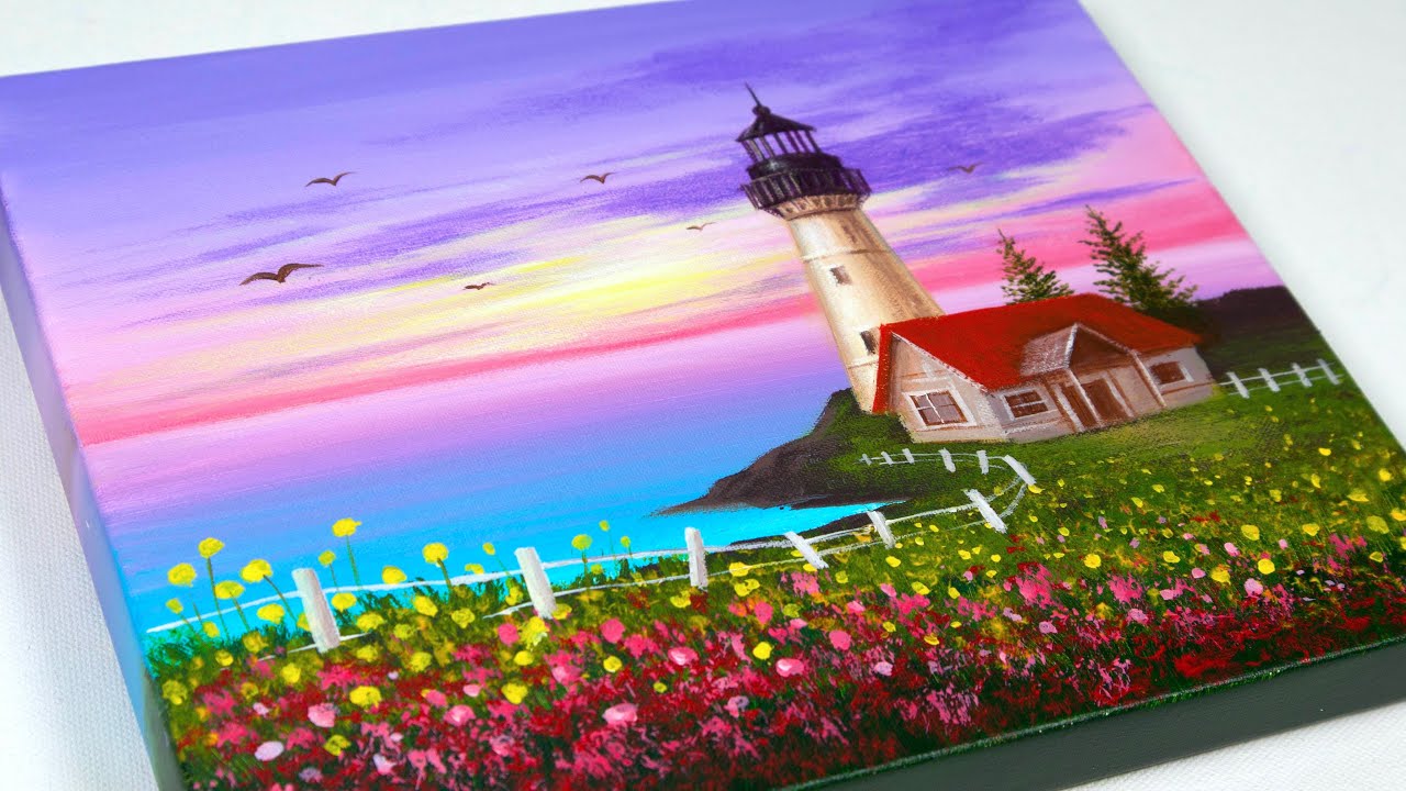 Sunset Lighthouse Painting | Seascape Painting in Acrylic | Painting ...