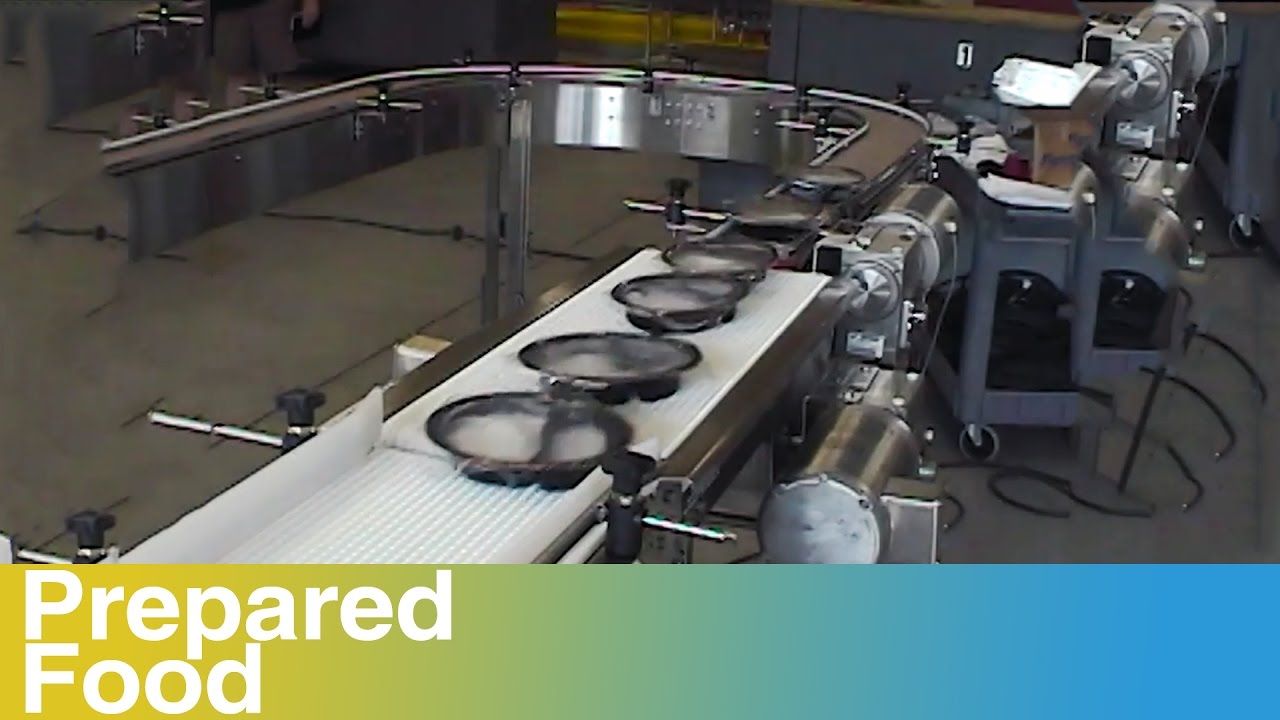 Dinner Trays Transported on a Dual Lane & Speed Differential Conveyor ...